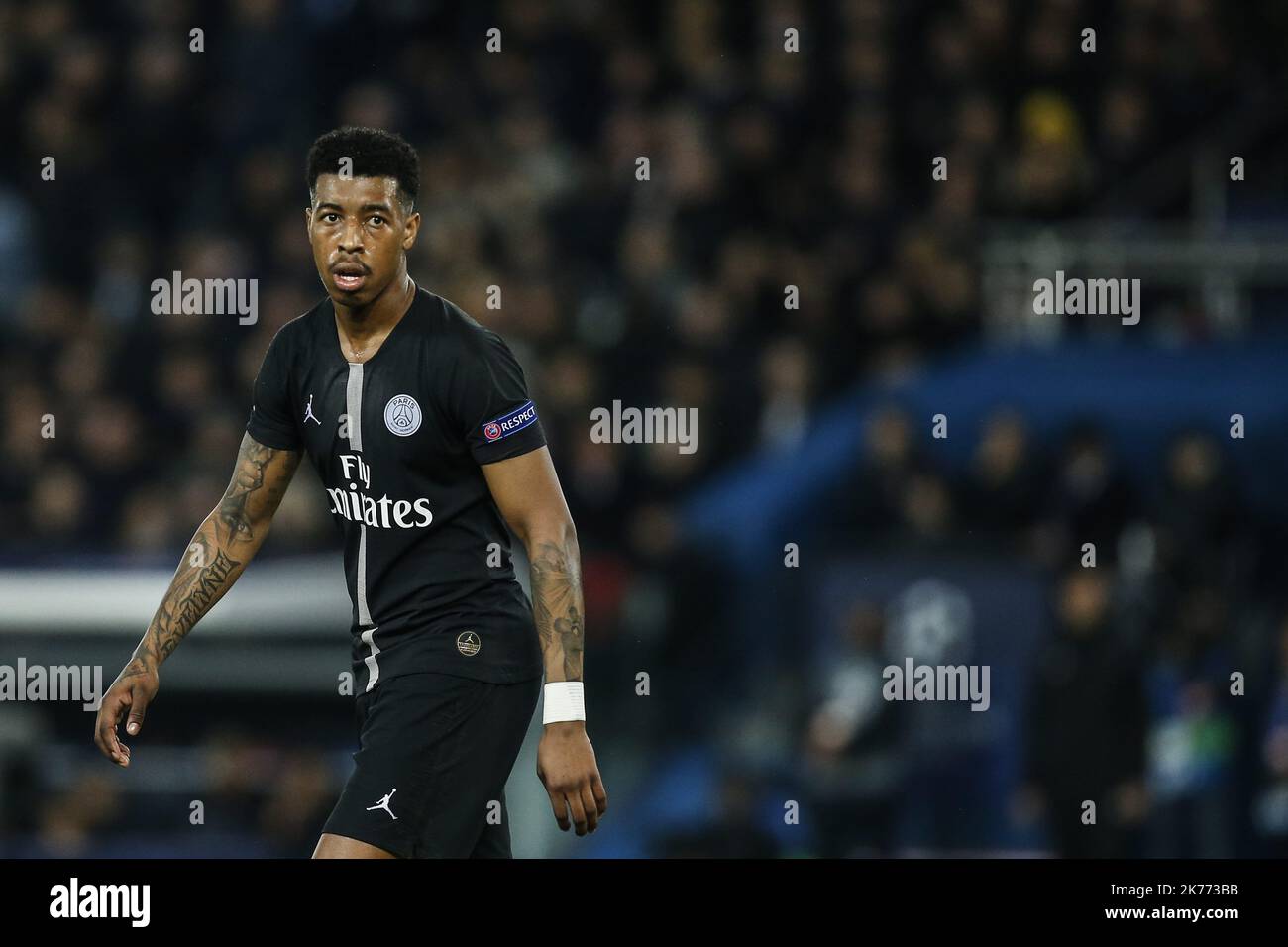 Presnel Kimpembe of Paris Saint-Germain reacts during the UEFA ...