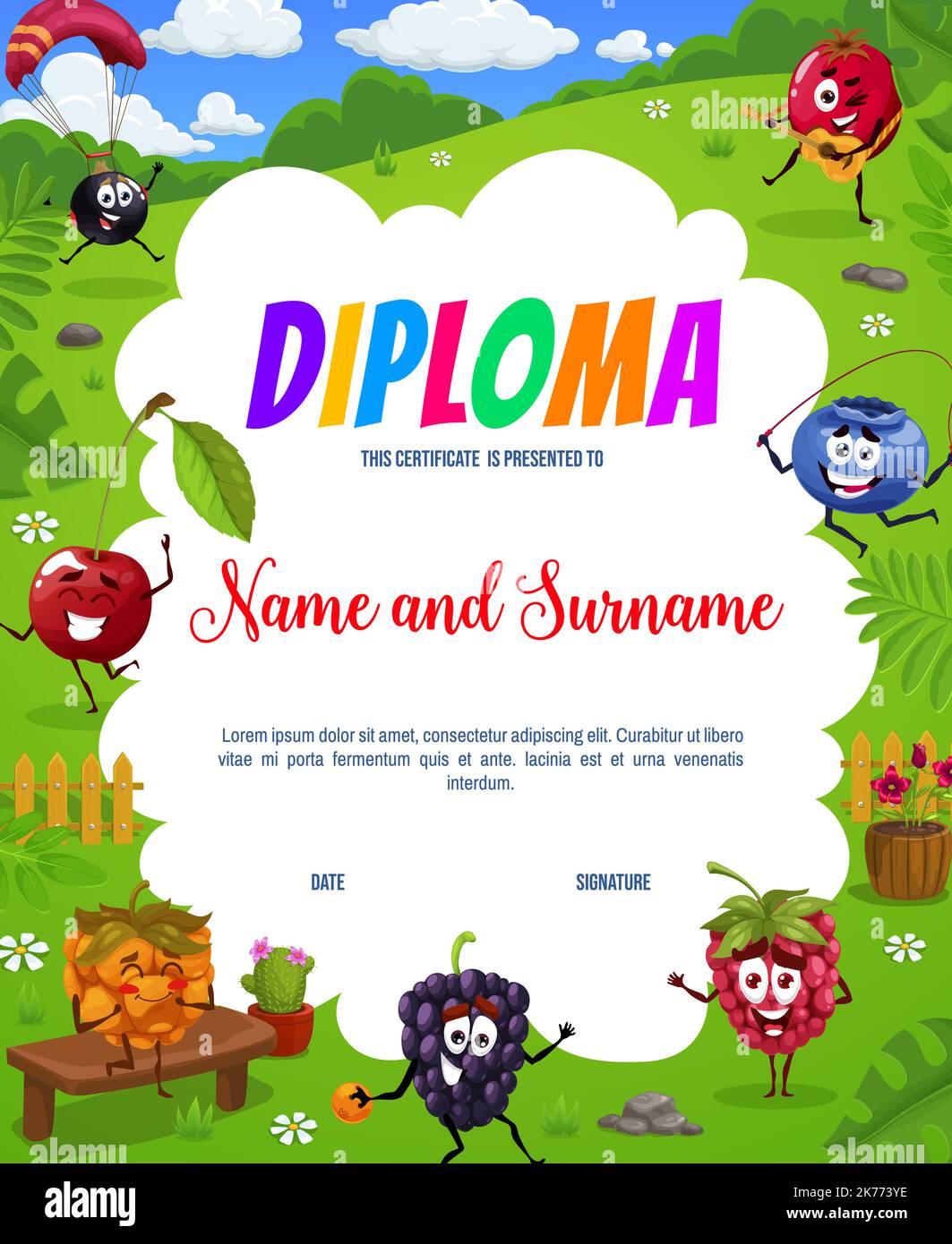 Kids diploma cartoon cheerful berry characters on summer field. Vector award frame template with ...