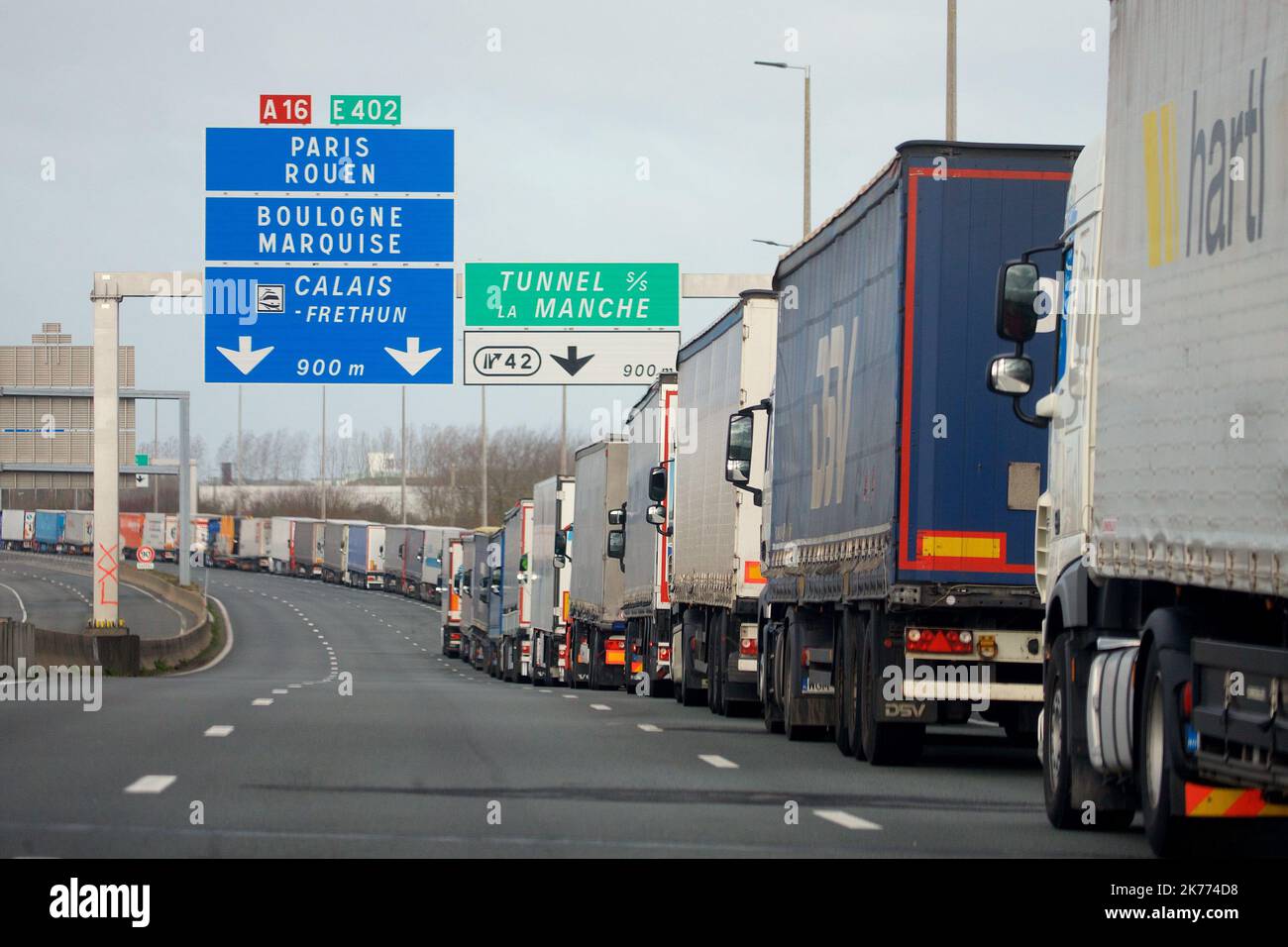 Lorries traffic jam on the A16 around Calais due to customs strike ...