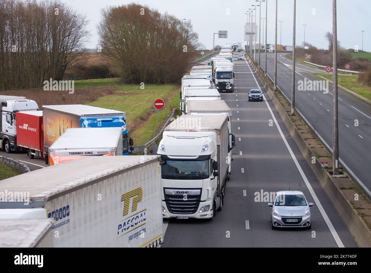 Lorries traffic jam on the A16 around Calais due to customs strike ...