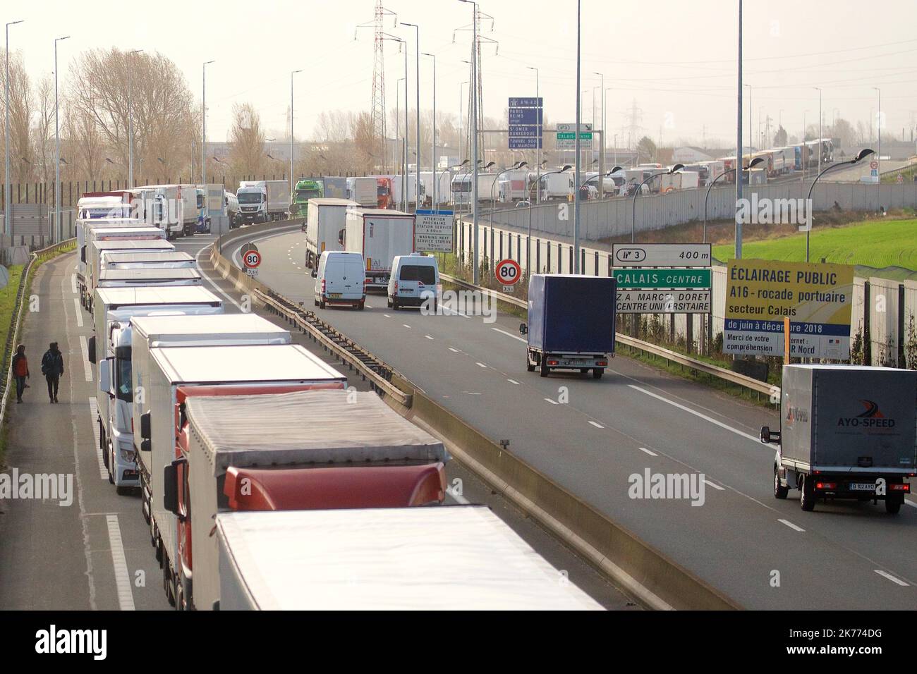 Lorries traffic jam on the A16 around Calais due to customs strike ...