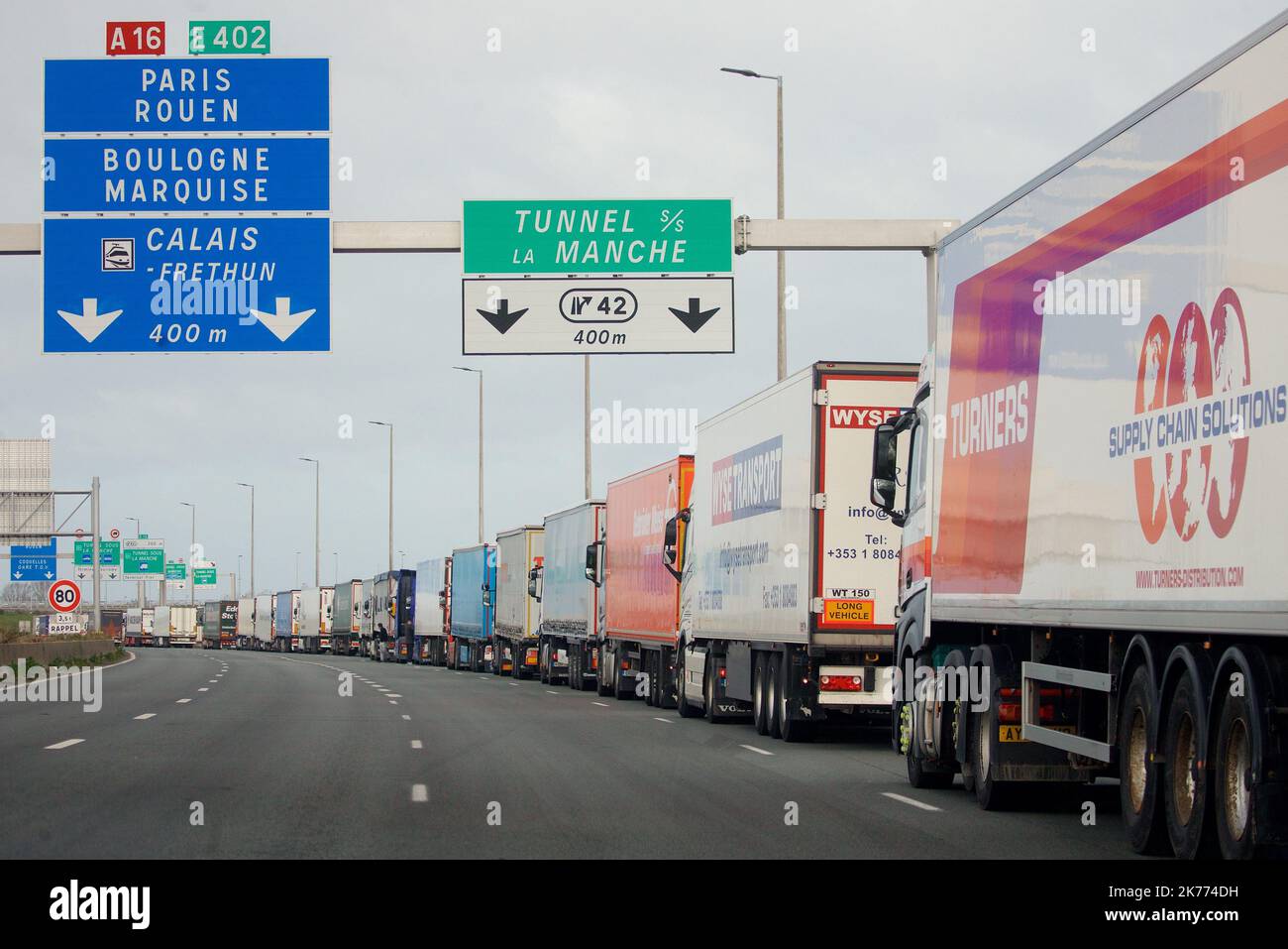 Lorries traffic jam on the A16 around Calais due to customs strike ...