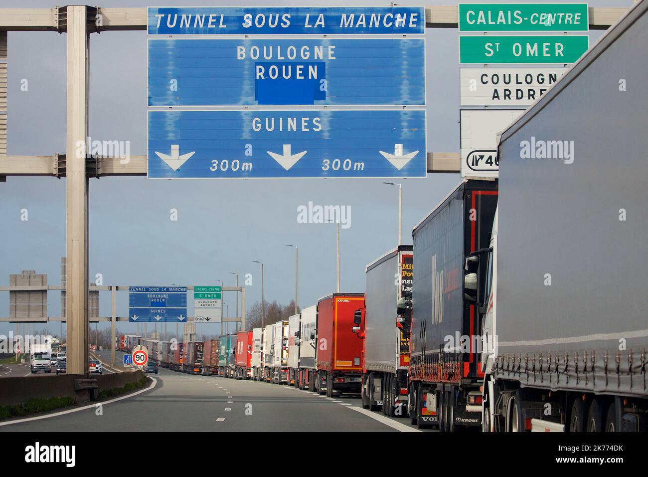 Lorries traffic jam on the A16 around Calais due to customs strike ...
