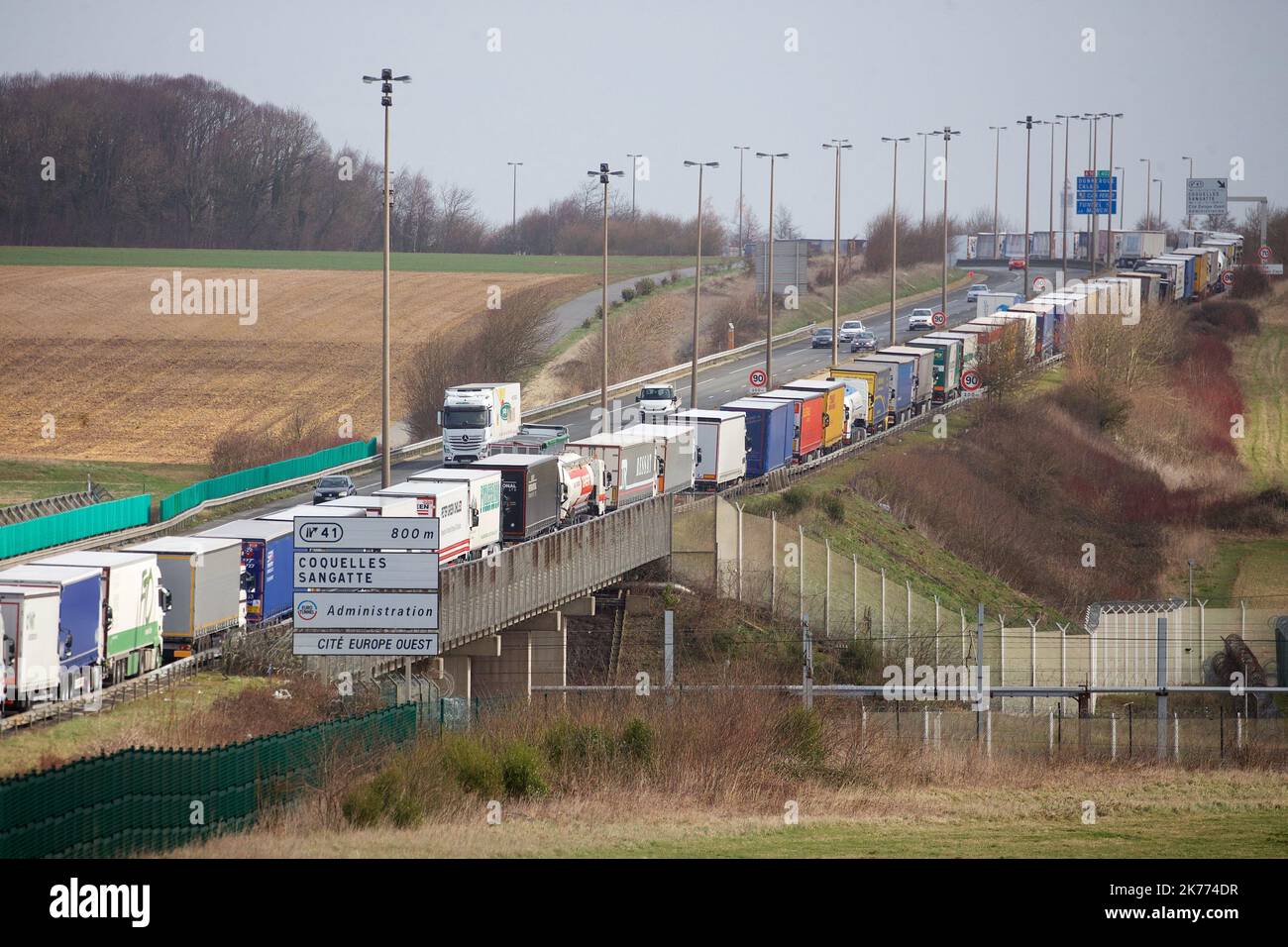 Lorries traffic jam on the A16 around Calais due to customs strike ...