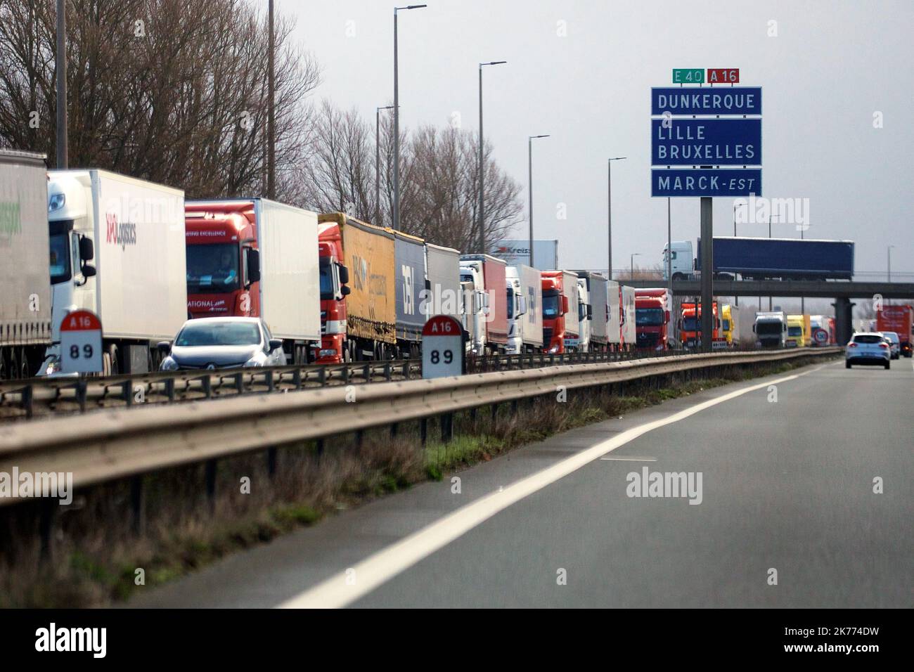 Lorries traffic jam on the A16 around Calais due to customs strike ...