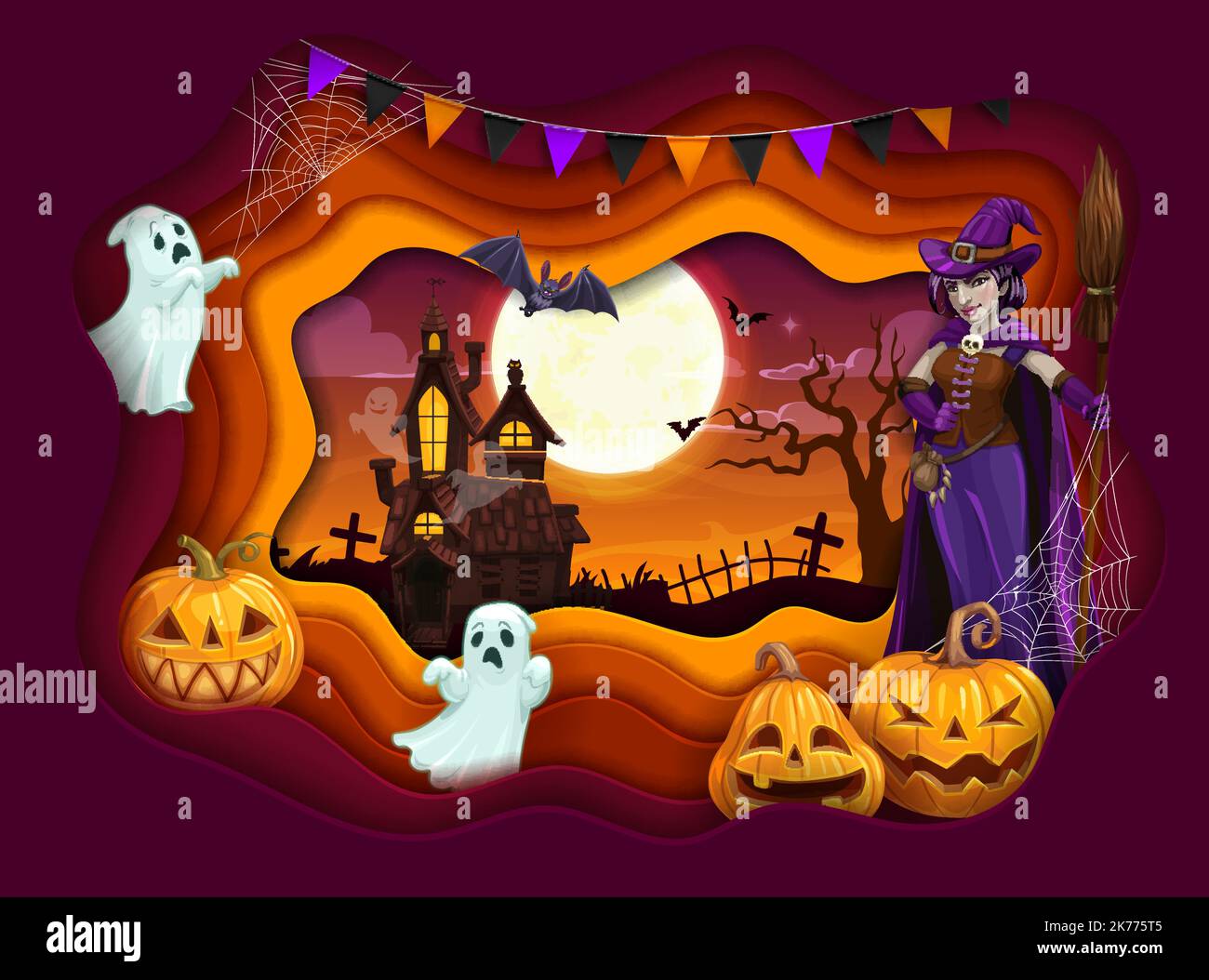 Halloween paper cut cartoon witch, pumpkins, ghosts and landscape ...