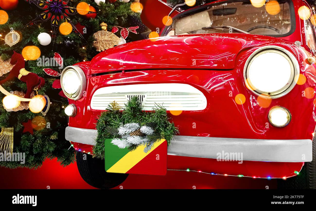 New Year's red car with the flag of Congo,Republic against the backdrop ...