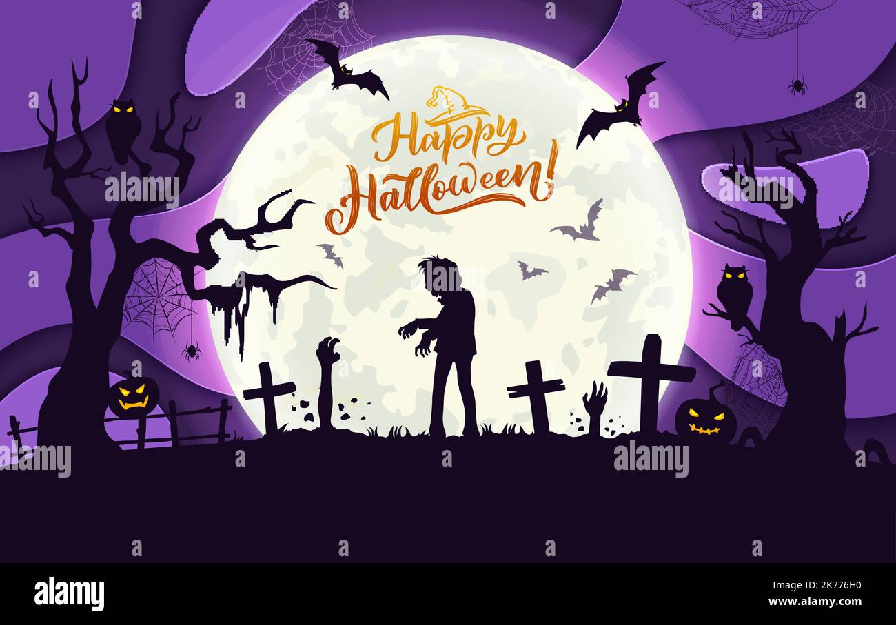 Halloween paper cut night cemetery landscape with zombie silhouette on ...