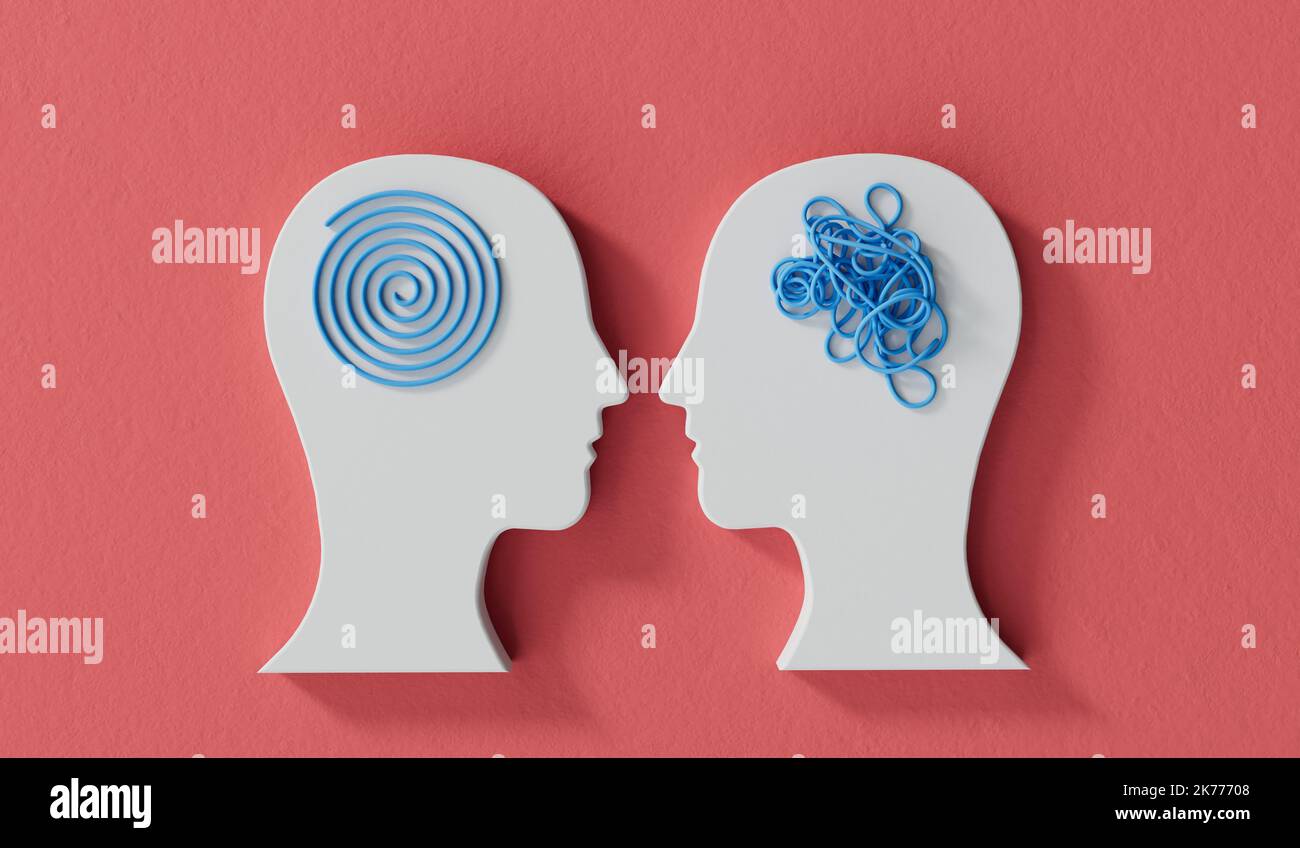 Mental health concept. tangled chaotic brain vs logical brain ...
