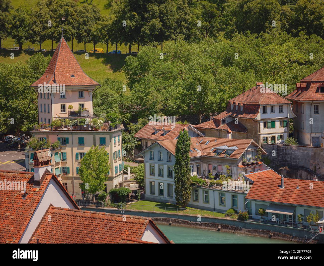 travel to Bern, Switzerland in summer. View of the river Aare. The old ...
