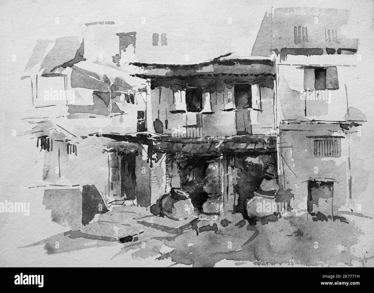 Watercolor painting of closely built houses and a godown. Hand painted ...