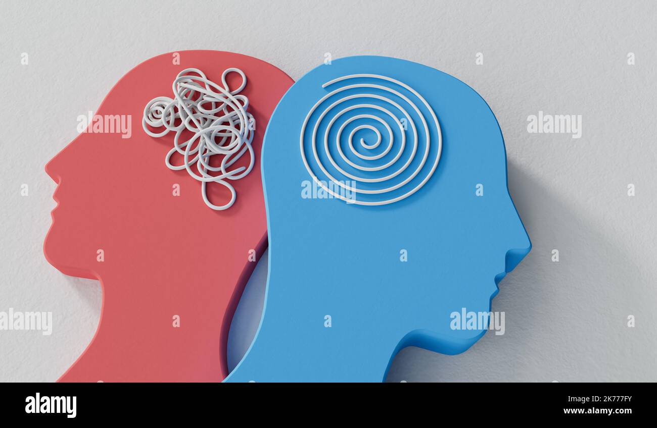 Mental health concept. tangled chaotic brain vs logical brain ...