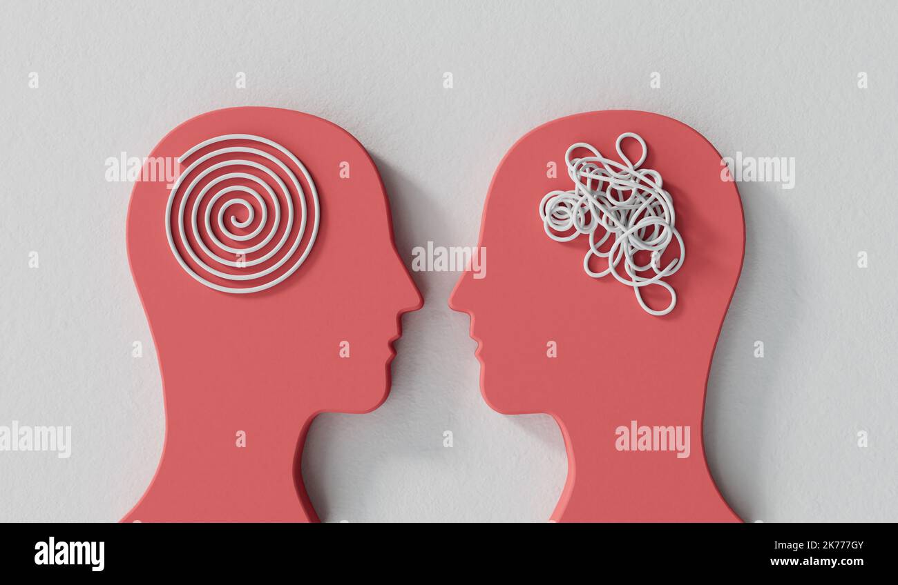 Mental health concept. tangled chaotic brain vs logical brain ...