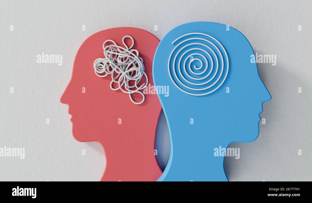 Mental health concept. tangled chaotic brain vs logical brain ...