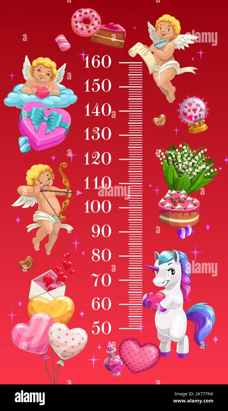Kids height chart with Cupids, unicorn and sweets. Growth meter vector ...