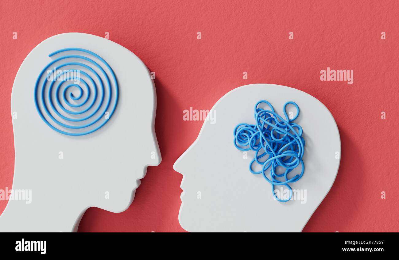 Mental health concept. tangled chaotic brain vs logical brain ...