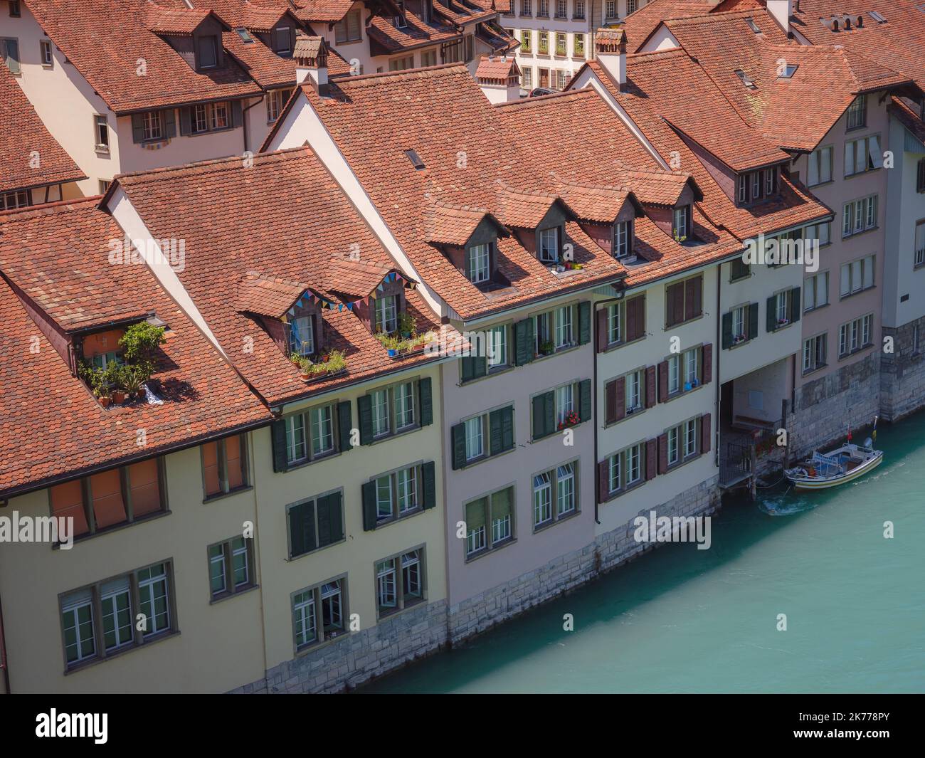 travel to Bern, Switzerland in summer. View of the river Aare. The old ...
