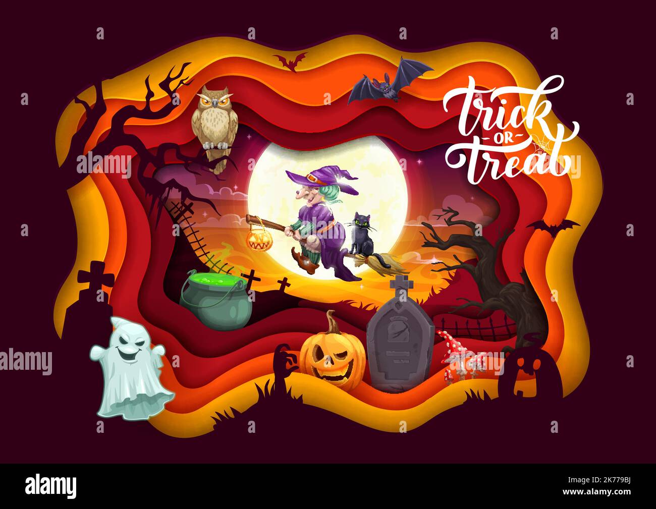 Halloween paper cut flying cartoon witch and holiday landscape. Vector ...