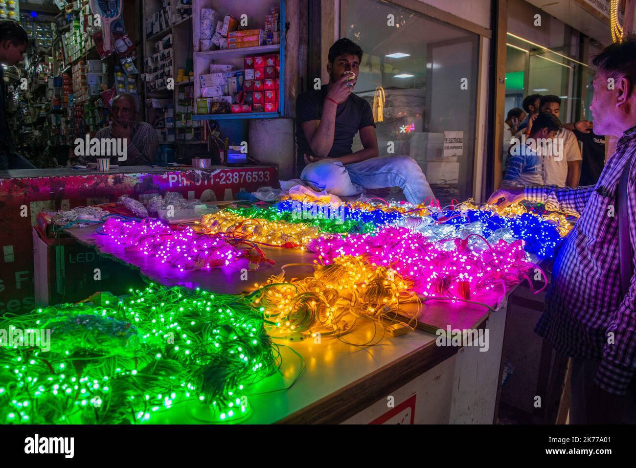 New Delhi, India. 17th Oct, 2022. People seen buying Led light strings for Diwali decoration at ...
