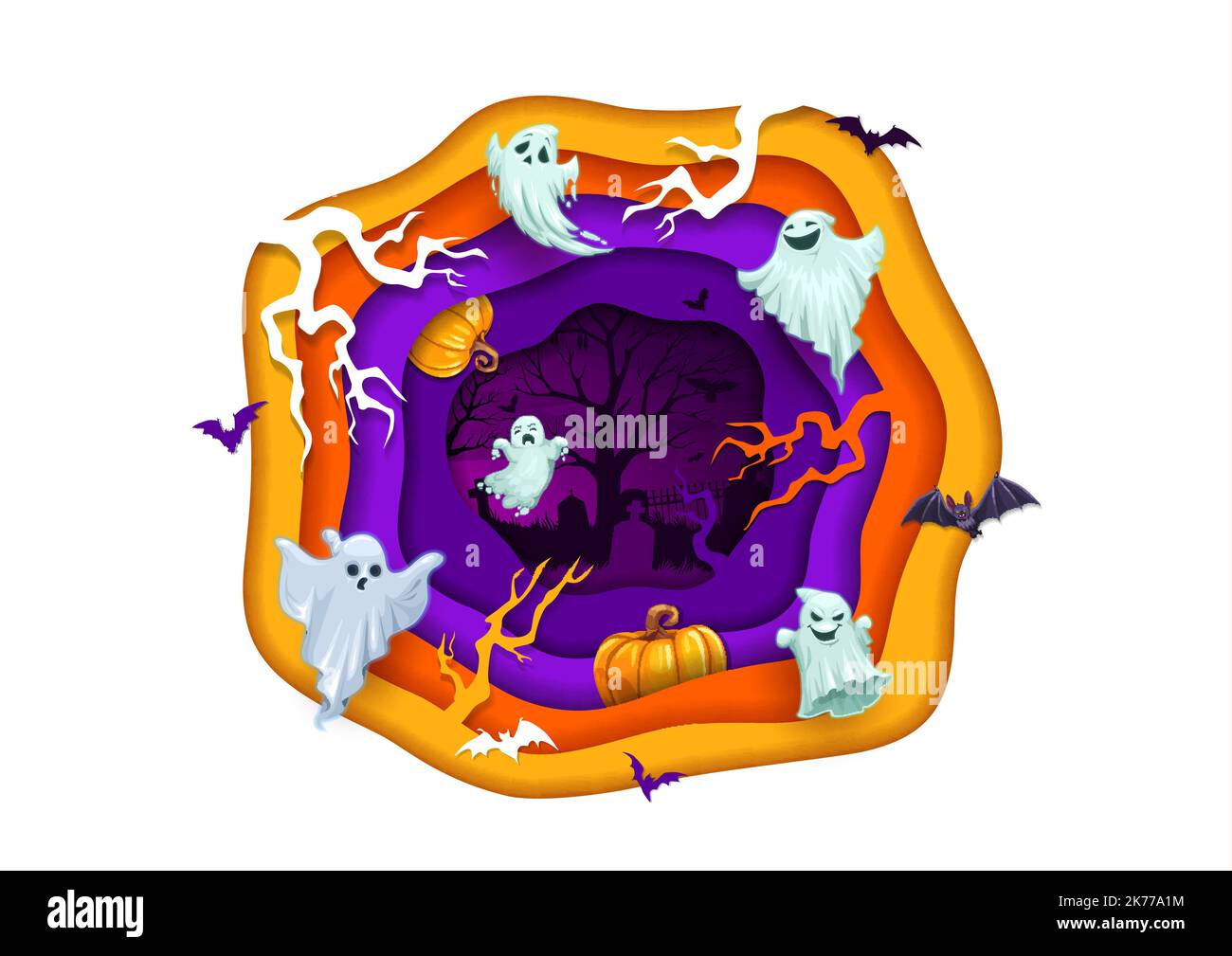 Halloween paper cut flying cartoon funny ghosts on cemetery. 3d vector ...