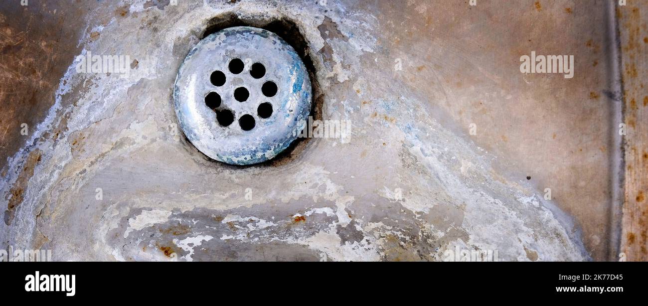 Old weathered and stained drain in sink hard water texture Stock Photo ...