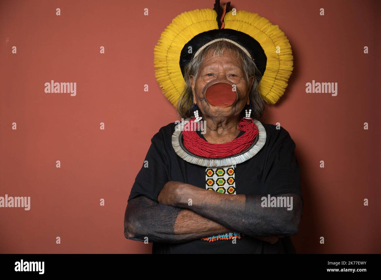 Brazil indigenous chief Raoni Metuktire in Paris, France Stock Photo ...