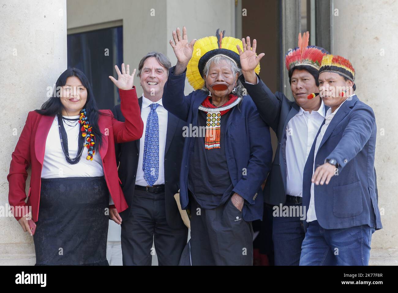 Indigenous Brazilian chief Kayapo Raoni Metuktire and members of his ...