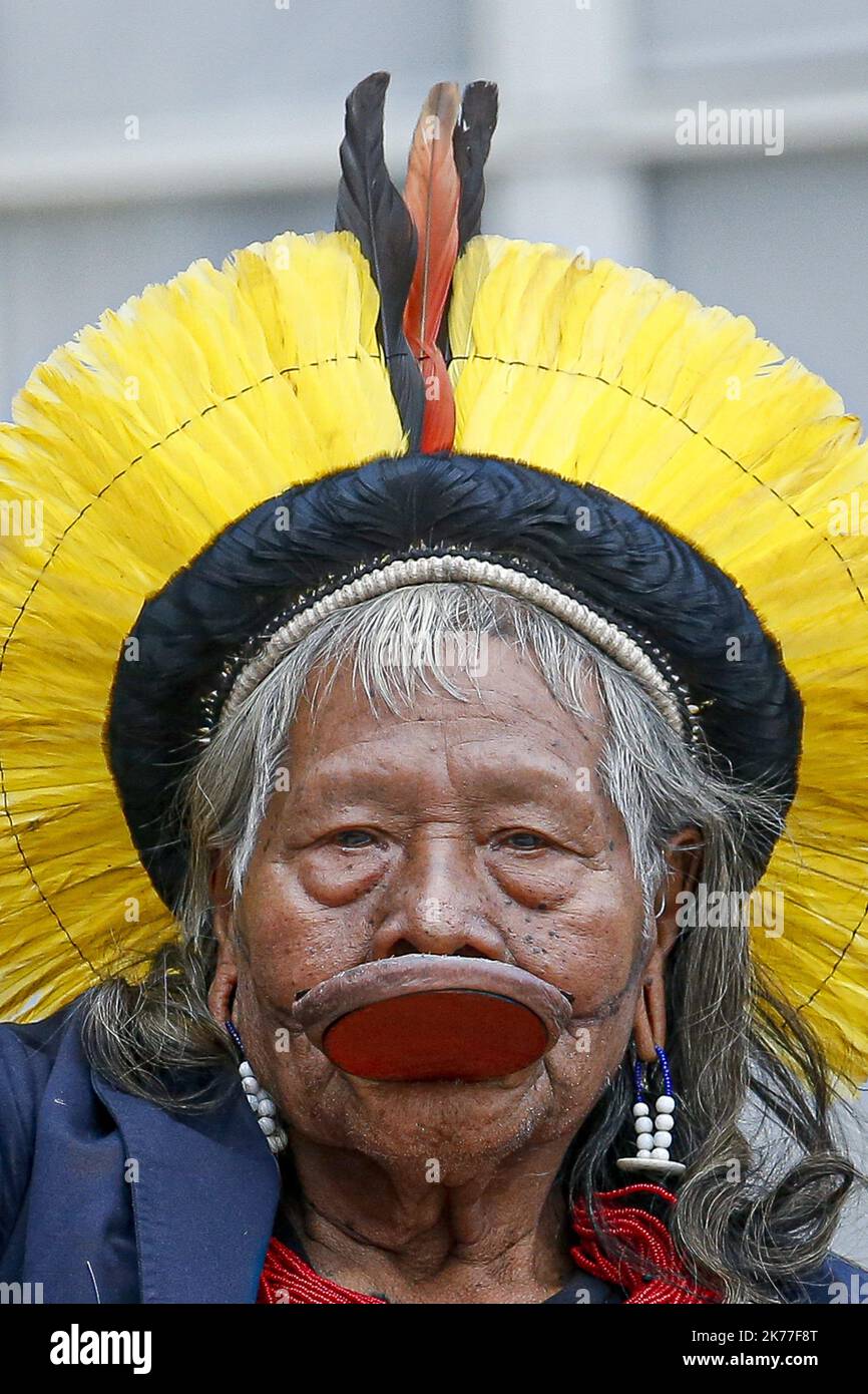 Indigenous Brazilian chief Kayapo Raoni Metuktire arrives at the Elysee ...