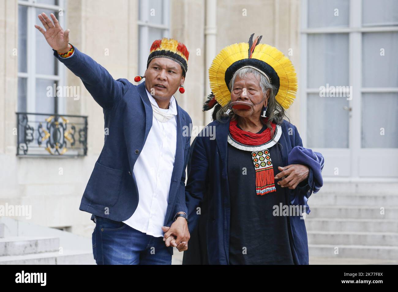Indigenous Brazilian chief Kayapo Raoni Metuktire and members of his ...