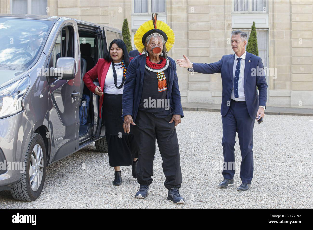 Indigenous Brazilian chief Kayapo Raoni Metuktire arrives at the Elysee ...