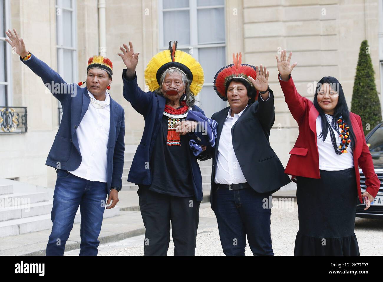 Indigenous Brazilian chief Kayapo Raoni Metuktire and members of his ...