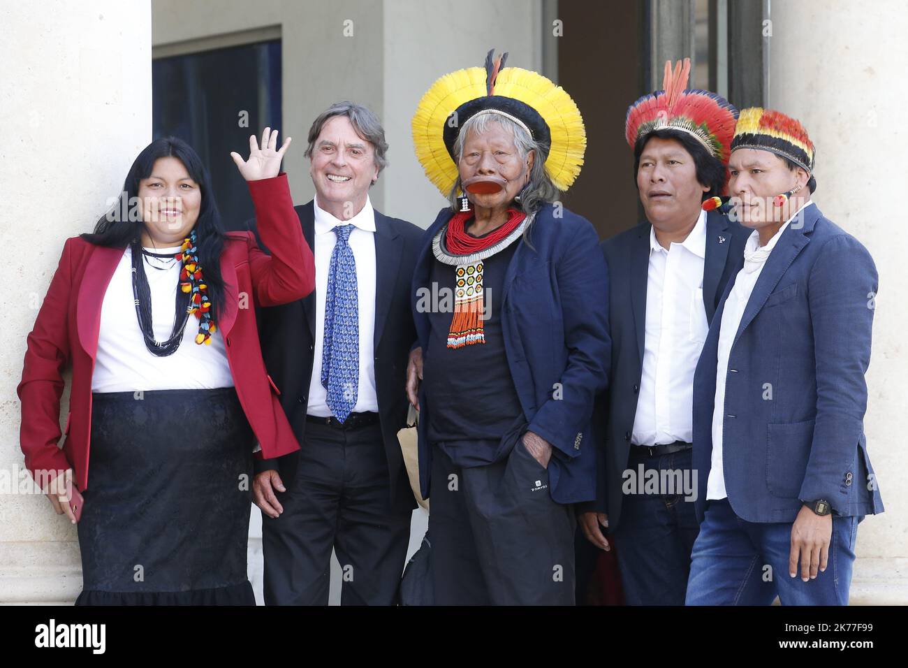 Indigenous Brazilian chief Kayapo Raoni Metuktire and members of his ...
