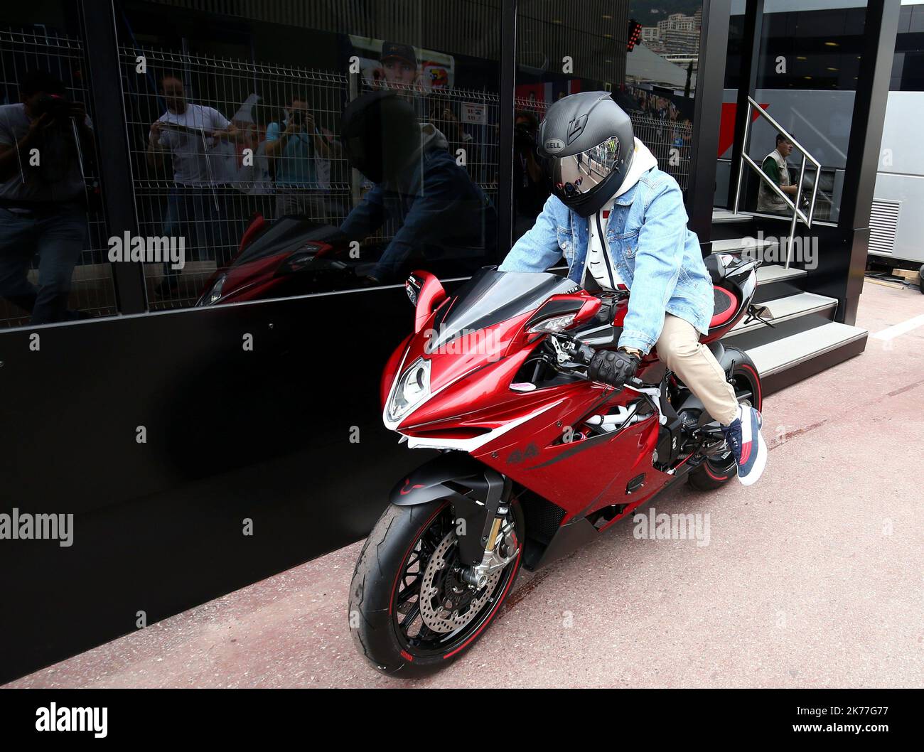 Mercede's Lewis Hamilton on his motor bike during Paddock day of Monaco ...