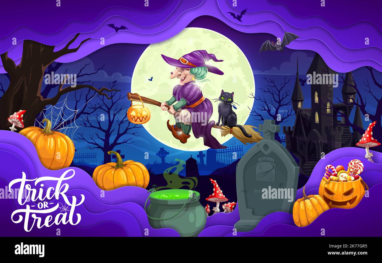 Halloween paper cut flying witch on cemetery landscape. Vector poster ...