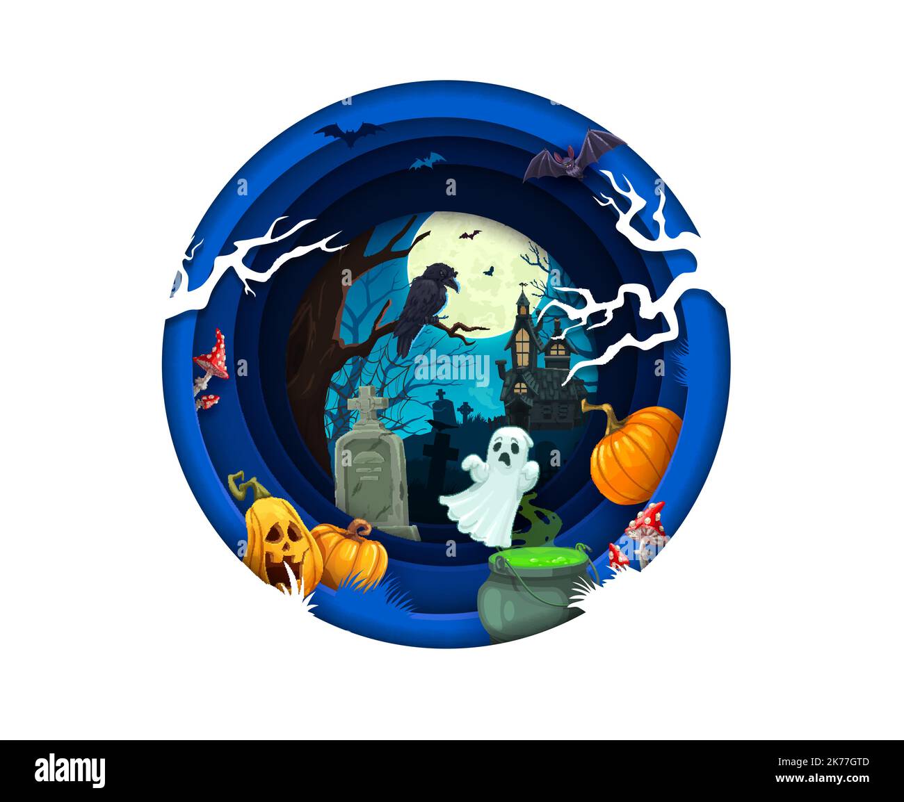 Halloween paper cut landscape and characters. Cartoon vector ghost ...