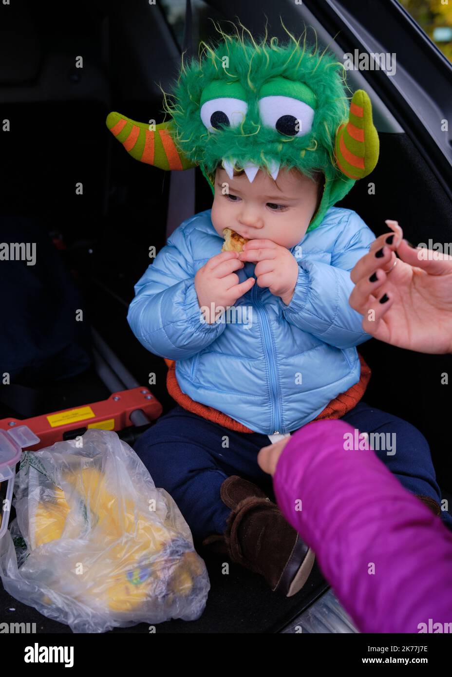 Tailgating baby monster is having some snacks in the back of the car on ...