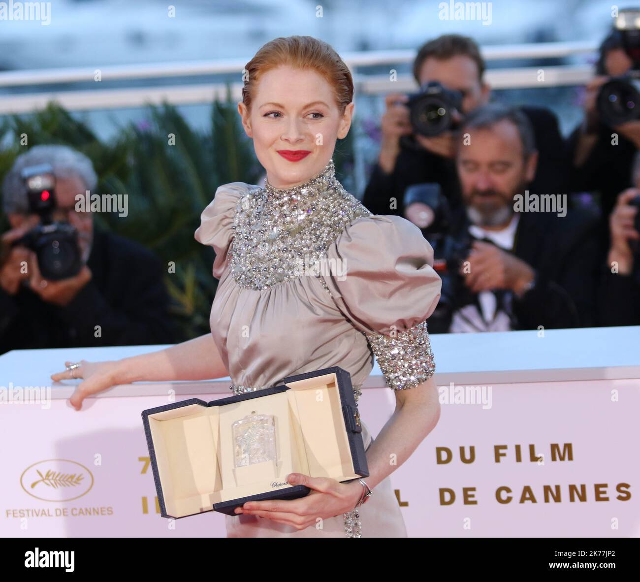 British actress Emily Beecham (C) poses with the prize for Best Actress ...