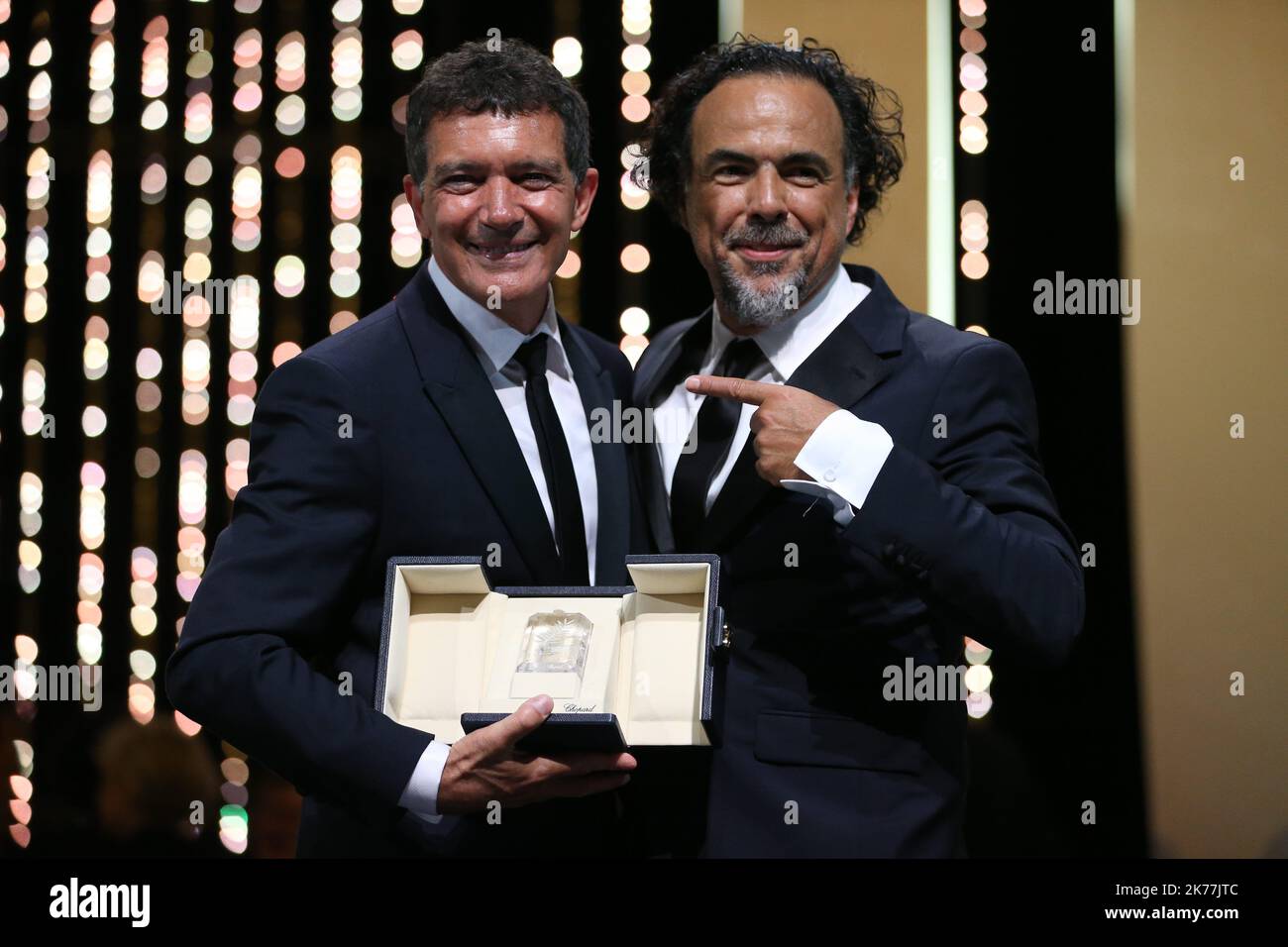 Antonio Banderas on stage after winning Best Actor Prize for his part ...