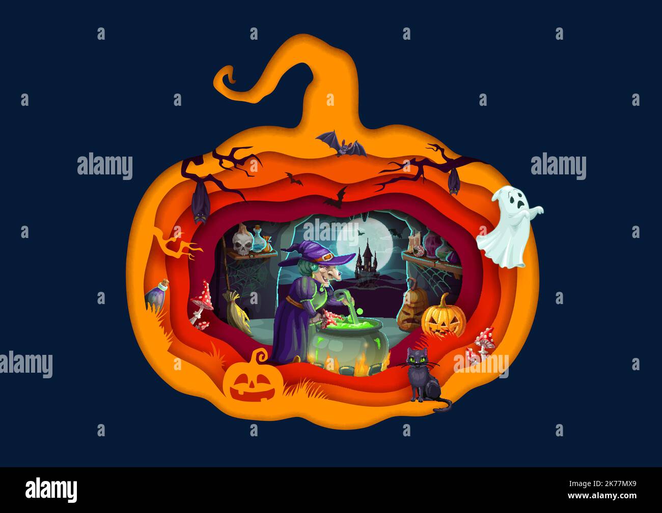 Halloween paper cut cartoon witch with magic potion pot in cave. Vector ...
