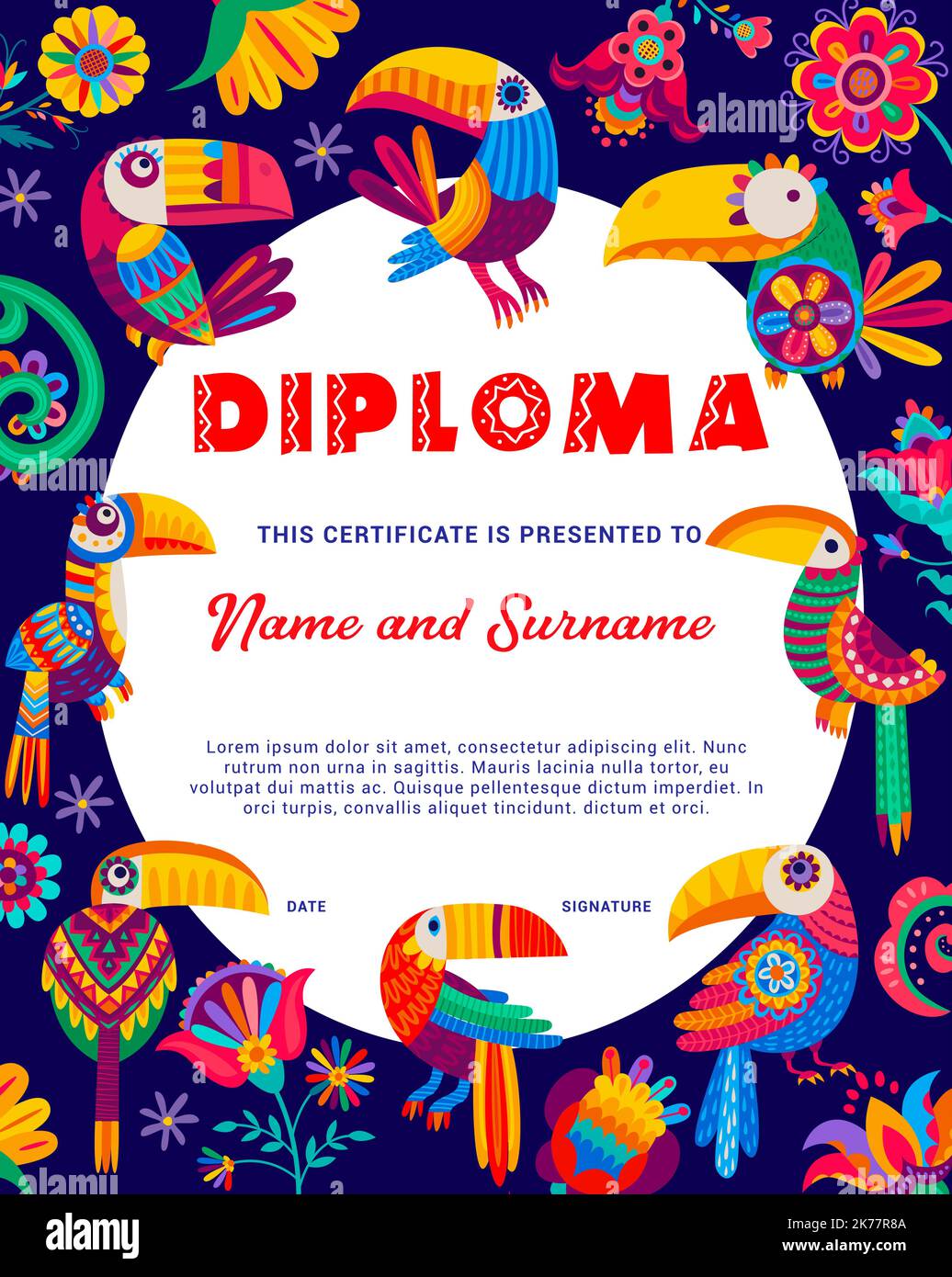 Kids diploma mexican and brazilian toucan birds. Vector educational or ...