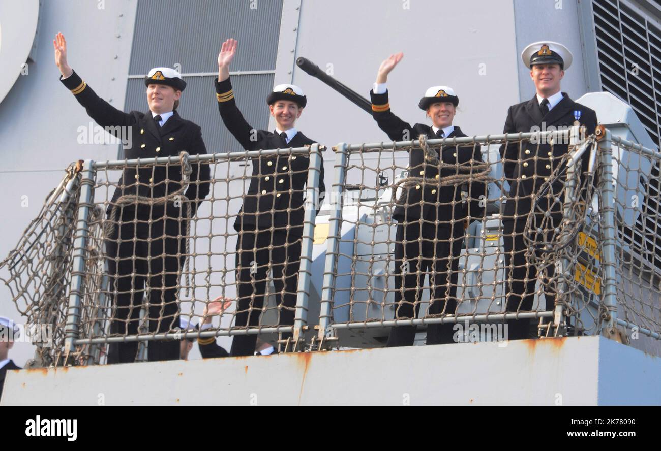 Members of the crew wave to loved ones as the Royal avy's newest ...