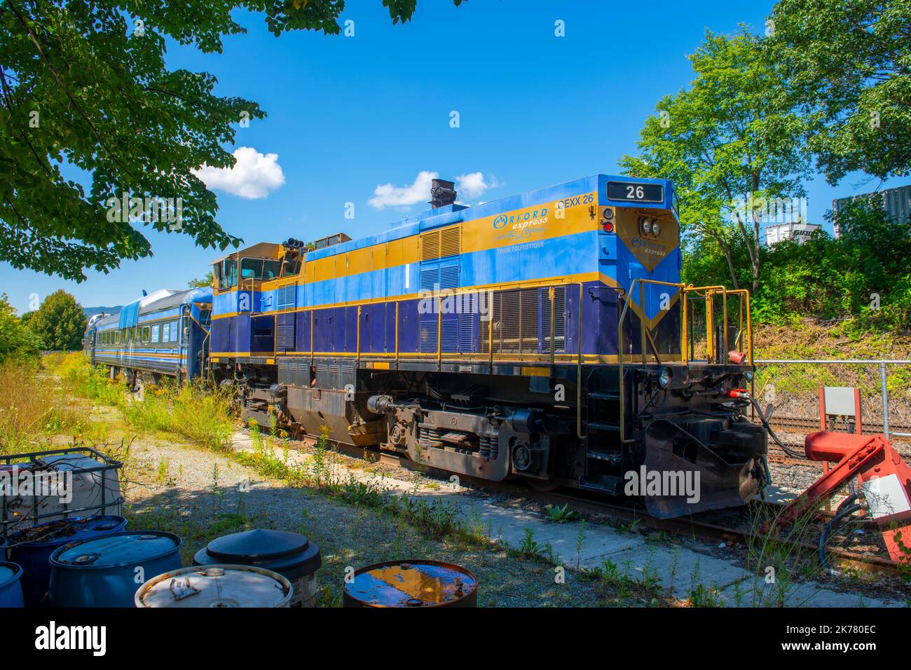 Orford Express train locomotive at Magog depot at Pointe Merry Park in ...