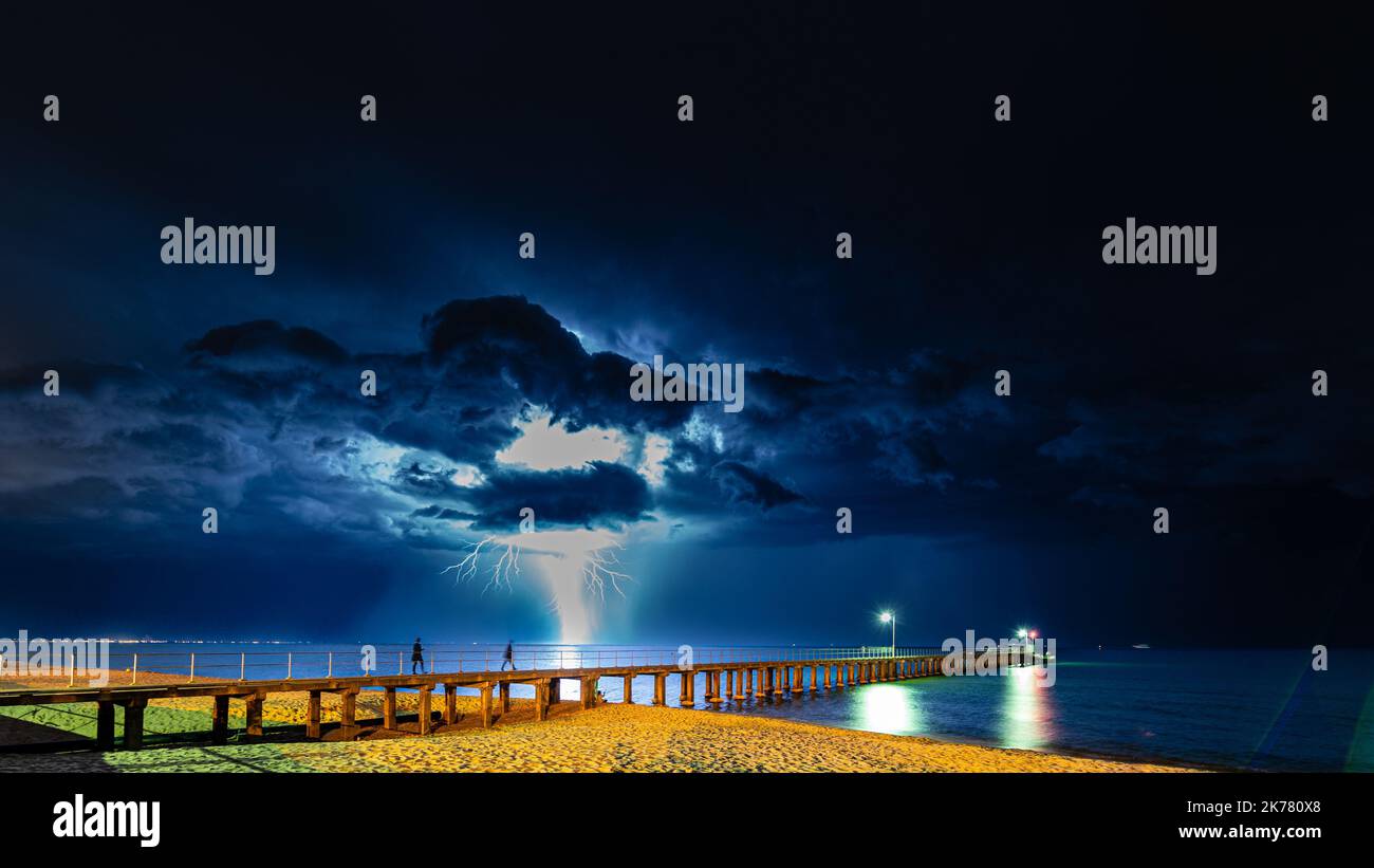 A massive Lightning bolt over Port Phillip Bay, in Melbourne, Australia ...