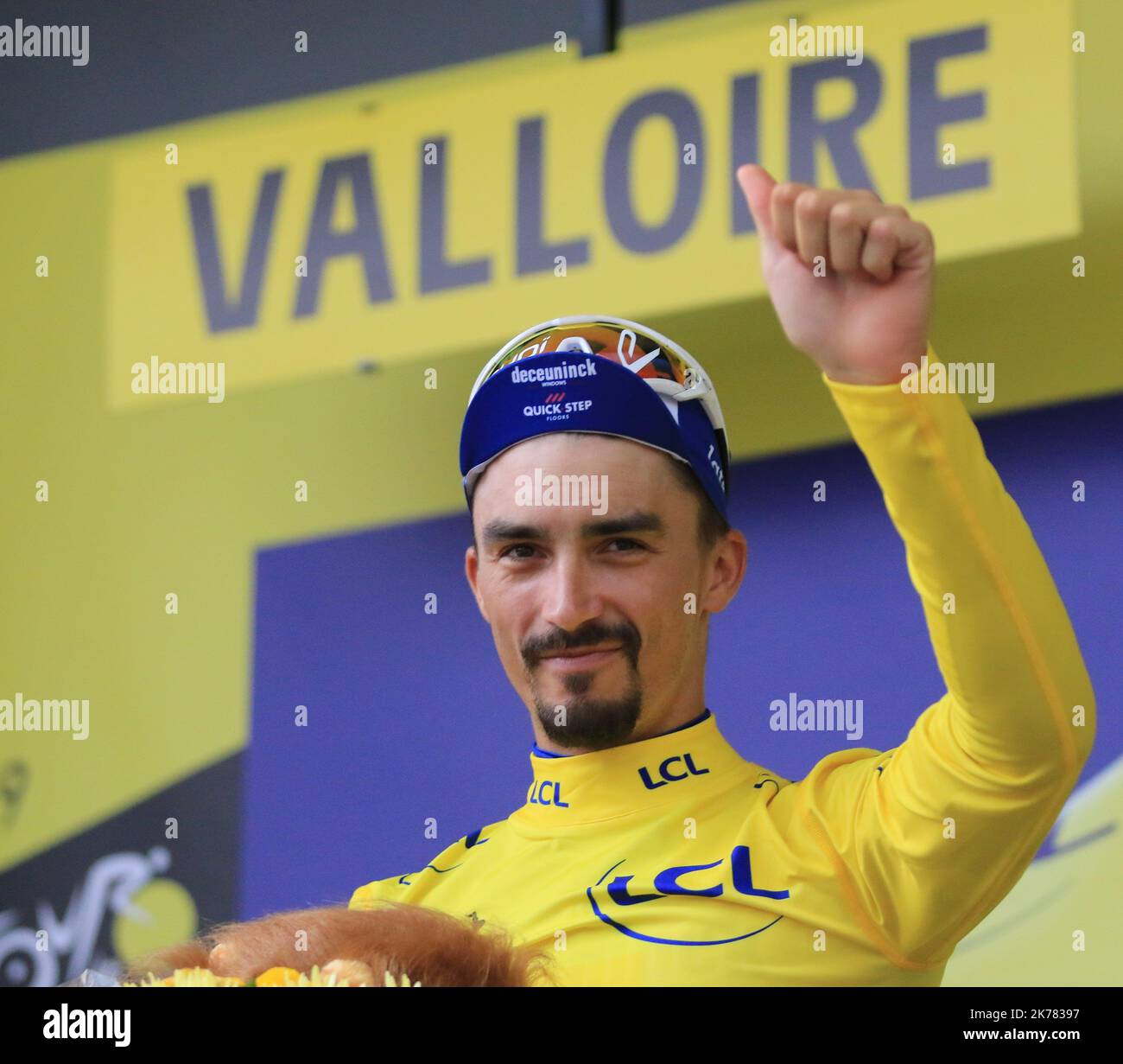 Julian Alaphilippe, Deceuninck - Quick - Step with it's yellow jersey ...
