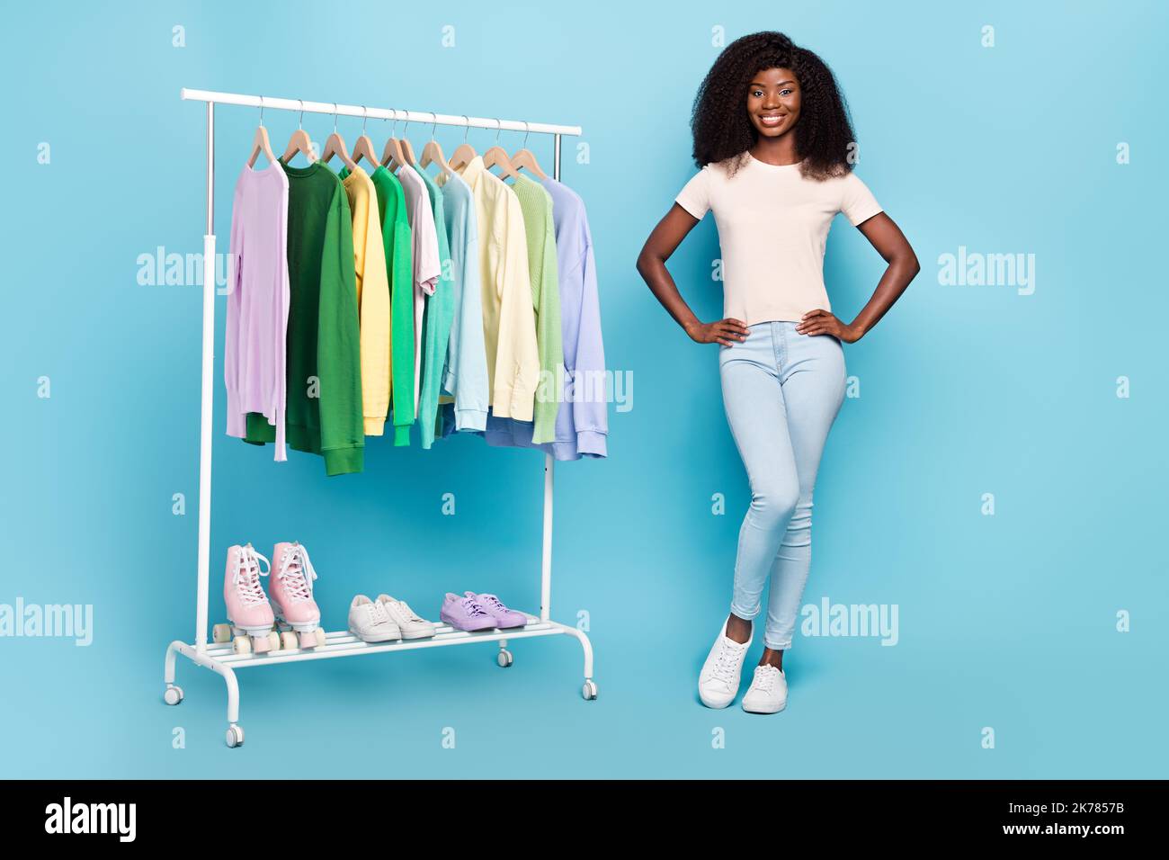 Full size portrait of gorgeous satisfied person put hands waist stand ...