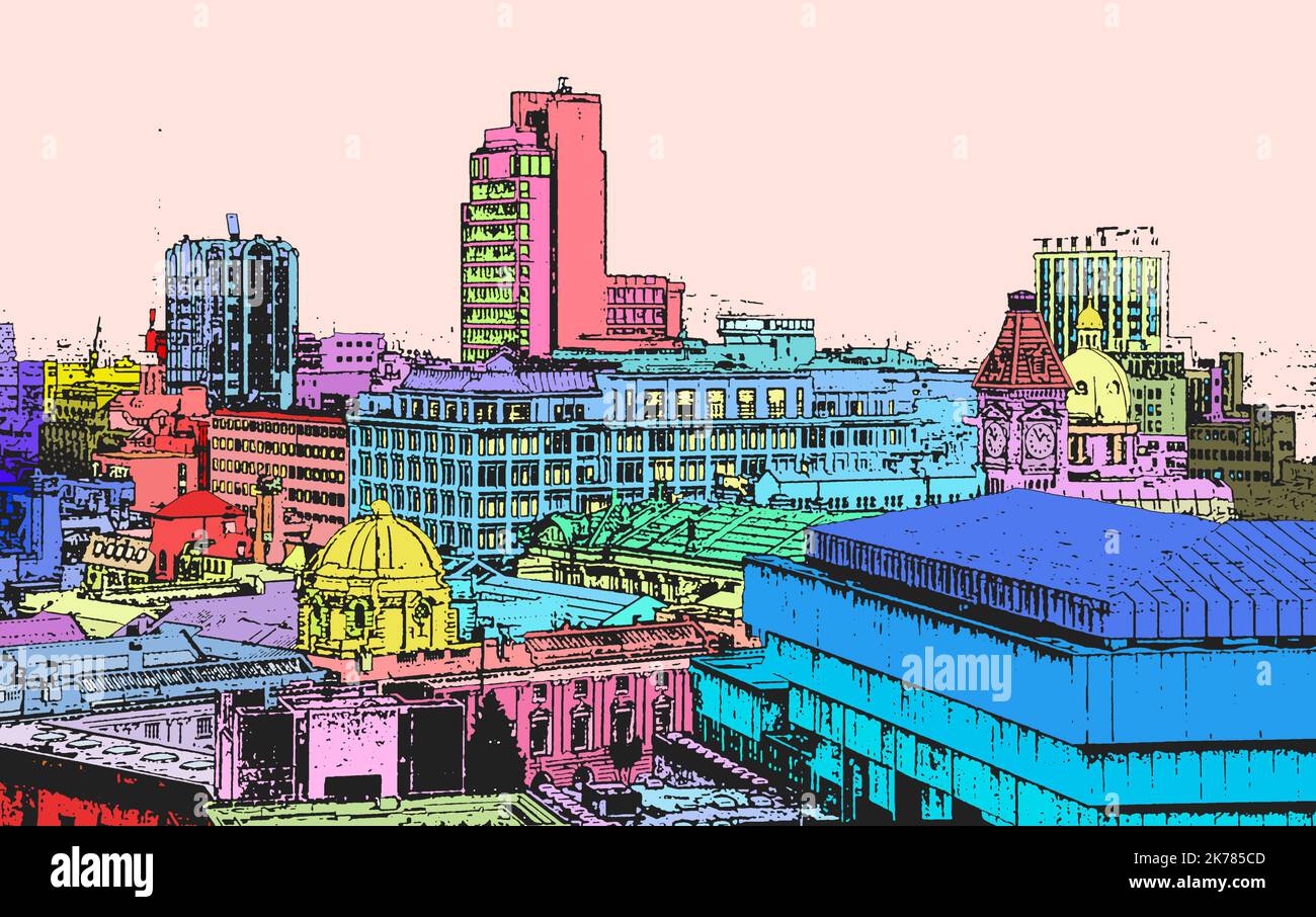 Birmingham city centre in bright vivid colours, a series of digital art ...