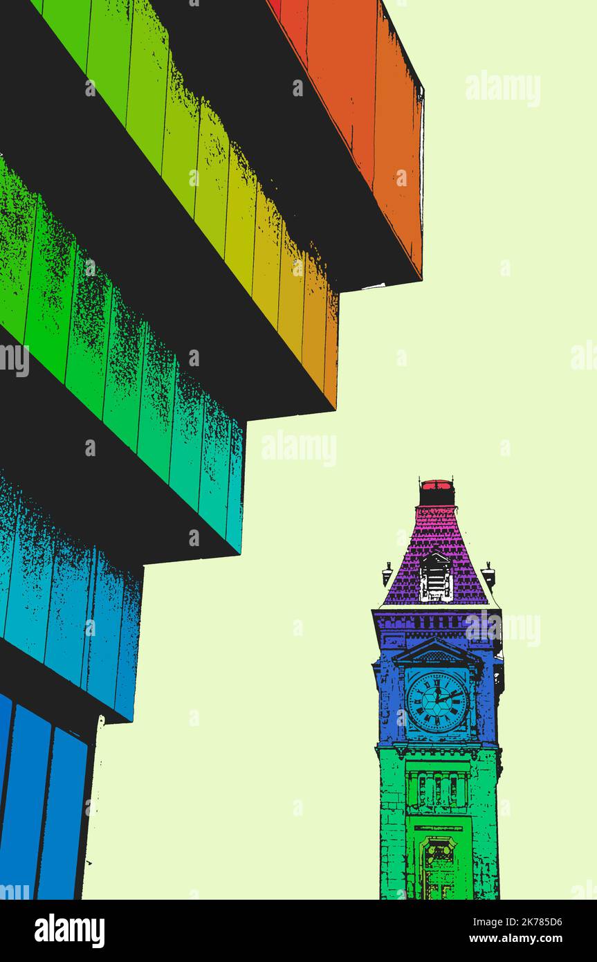 Birmingham city centre in bright vivid colours, a series of digital art ...