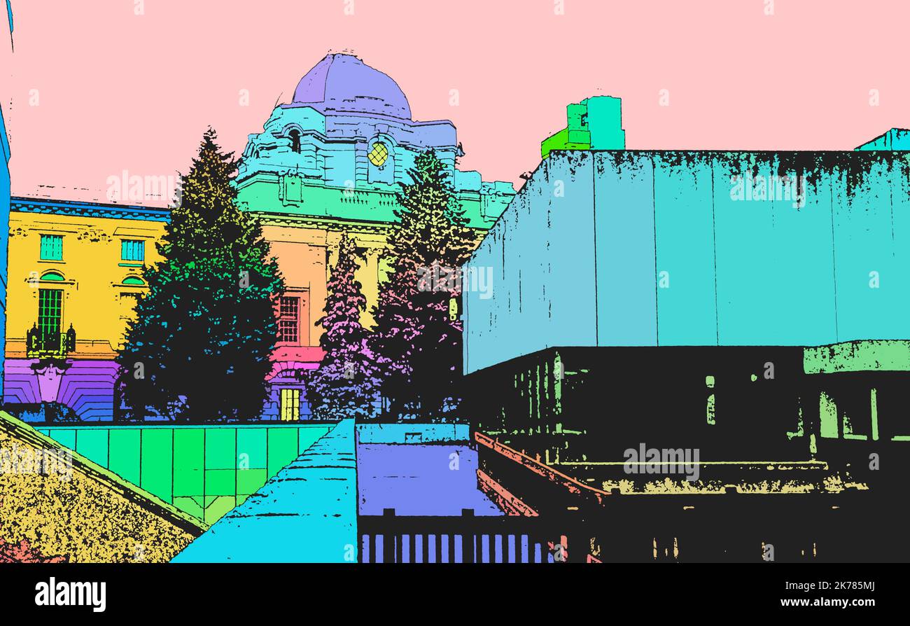 Birmingham city centre in bright vivid colours, a series of digital art ...
