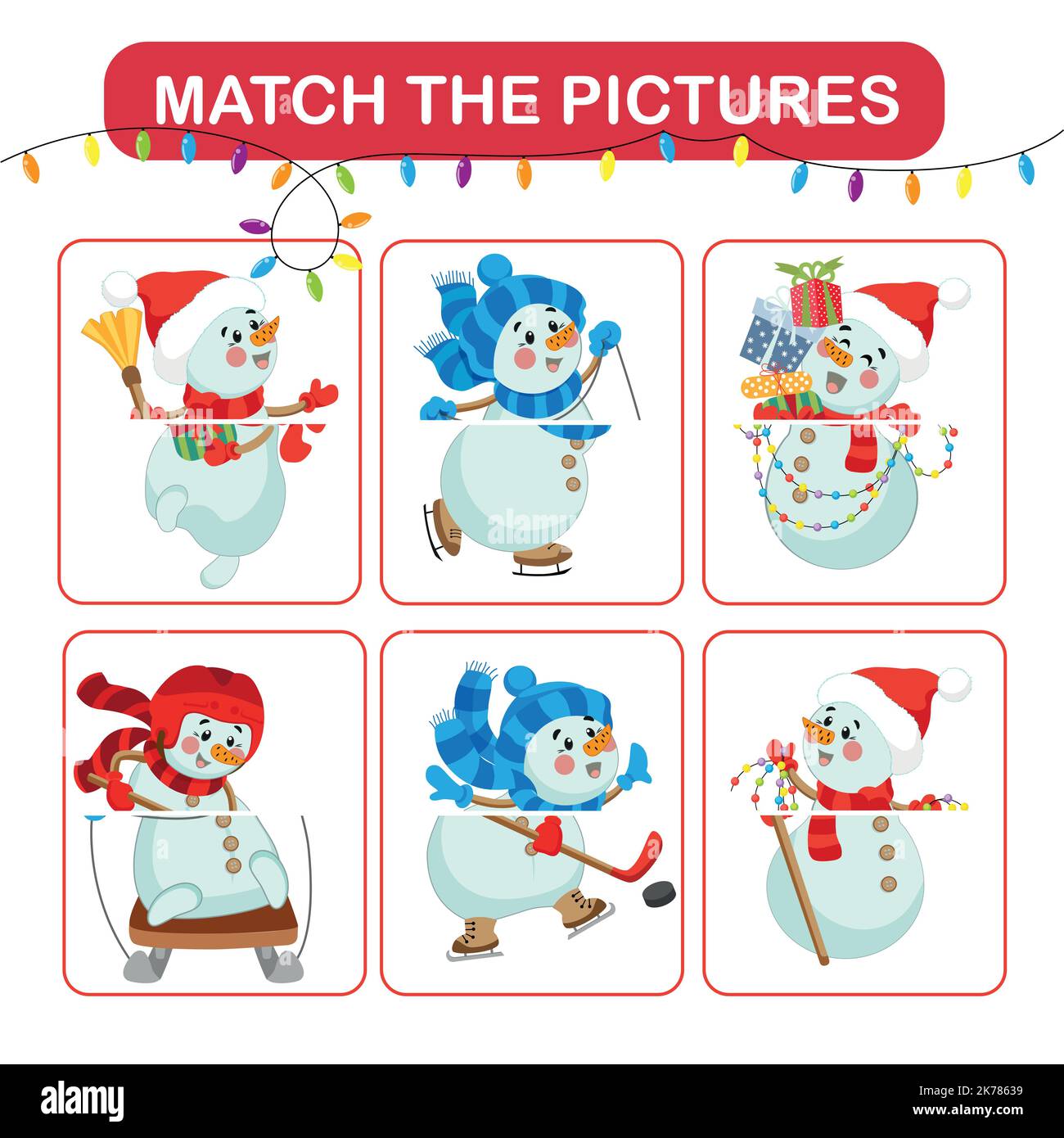 children's educational Activity game. Connect the parts of the snowmen ...