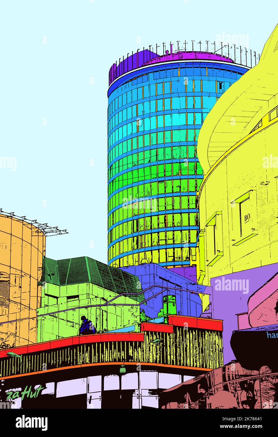 Birmingham city centre in bright vivid colours, a series of digital art ...